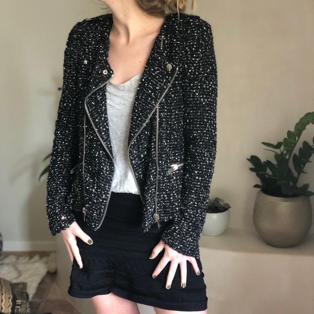 Zara Tweed Boucle Moto Jacket - Gem